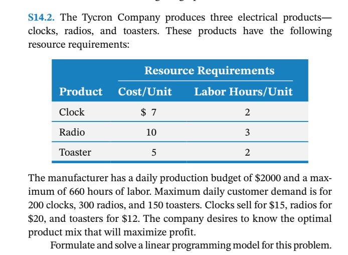 S14.2. The Tycron Company produces three electrical | Chegg.com
