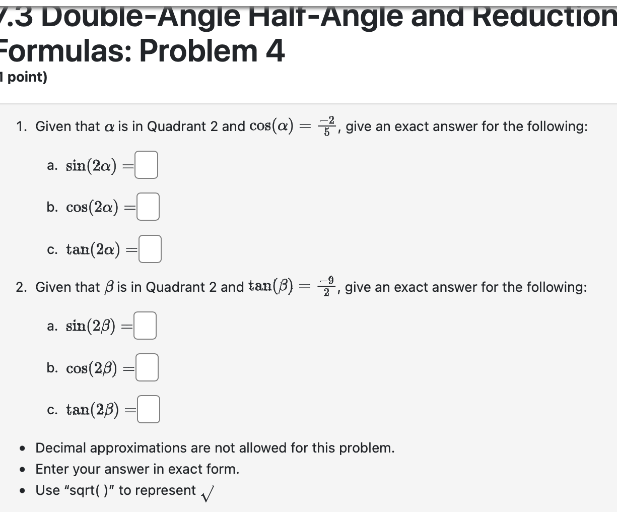 Solved .3 Double-Angle Halt-Angle and Reduction cormulas: | Chegg.com