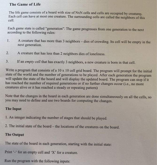 Solved The Game of Life The life game consists of a board | Chegg.com
