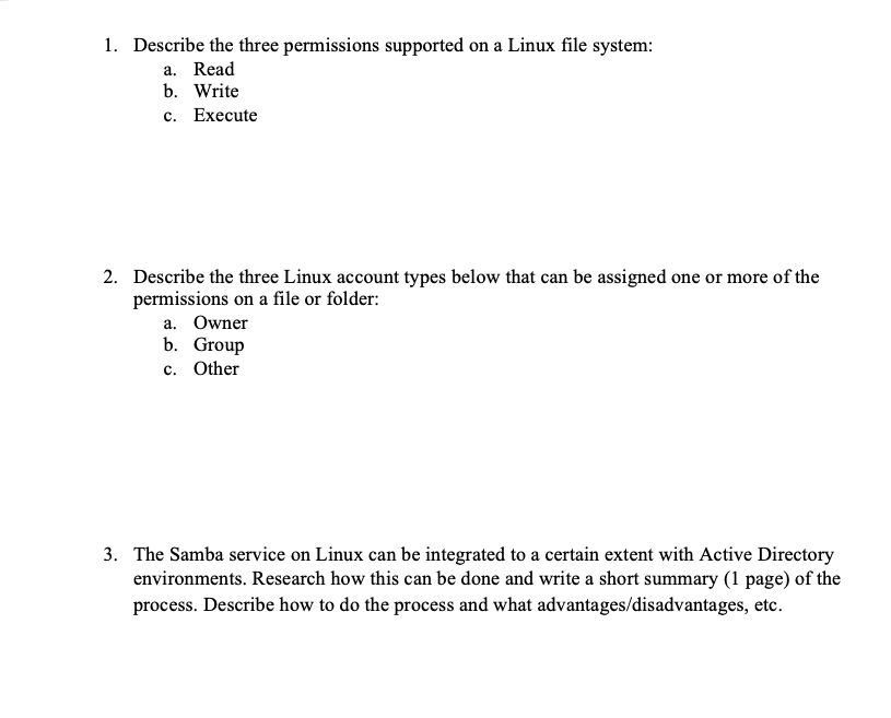 Solved 1. Describe the three permissions supported on a | Chegg.com