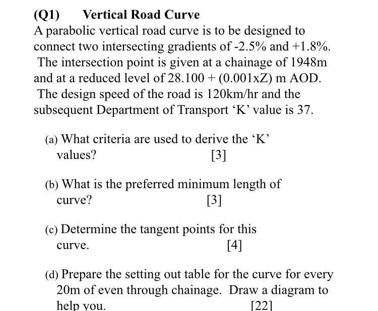 Solved (Q1) Vertical Road Curve A parabolic vertical road | Chegg.com