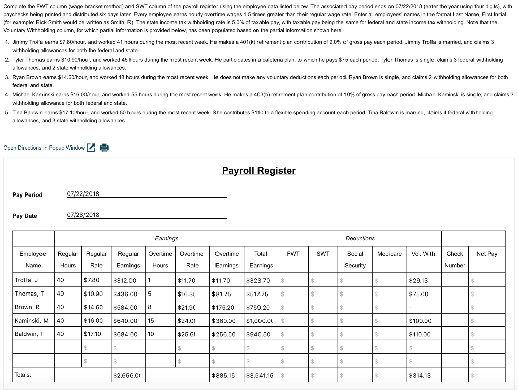 Complete the FWT column (wage-bracket method) and SWT | Chegg.com