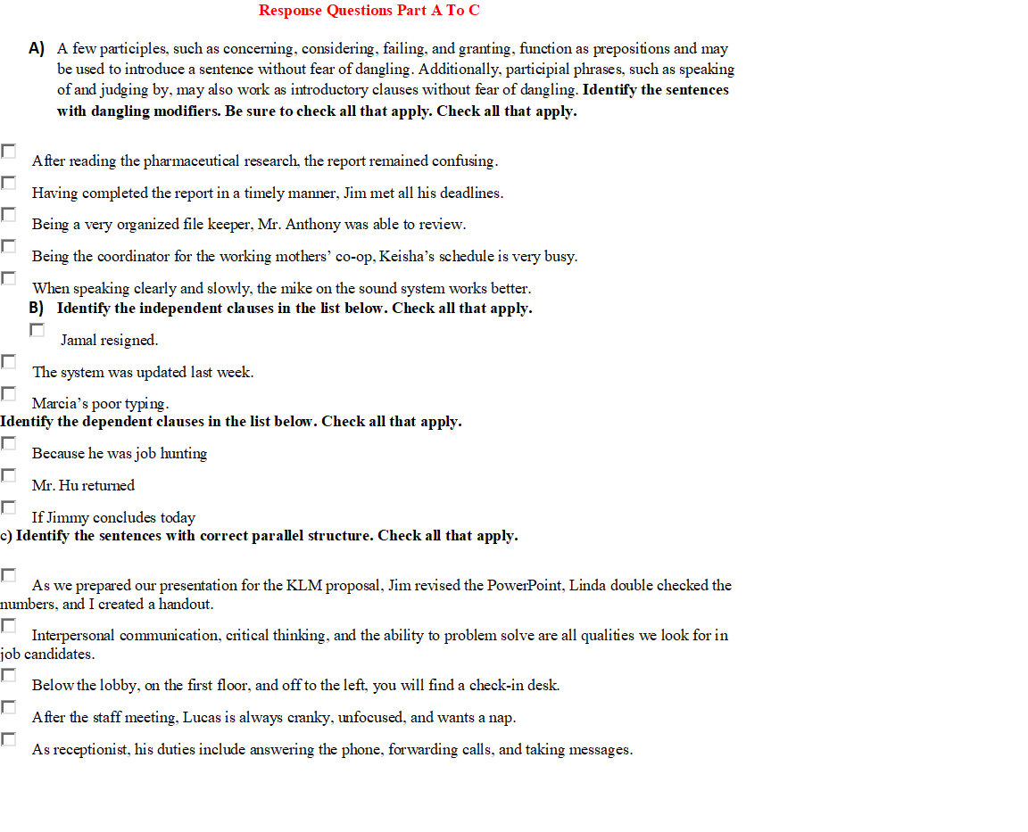 Solved Response Questions Part A To C A) A few participles, | Chegg.com