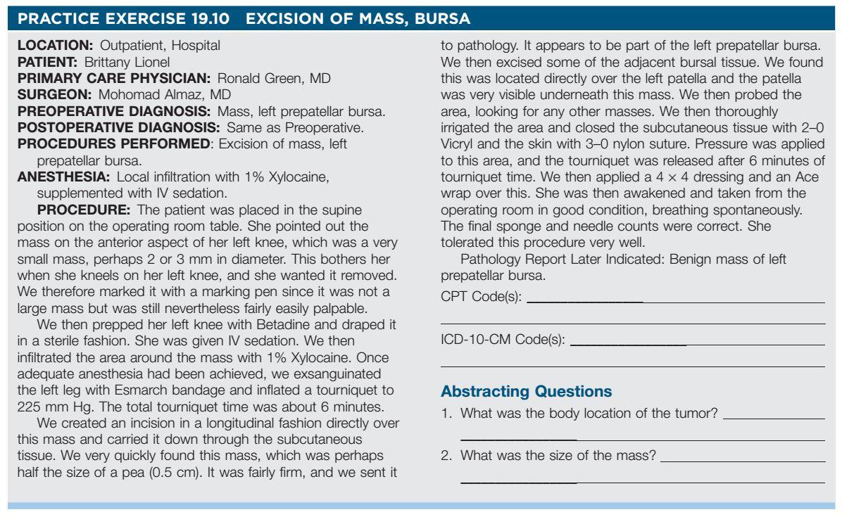 Solved PRACTICE EXERCISE 19.10 EXCISION OF MASS, BURSA | Chegg.com