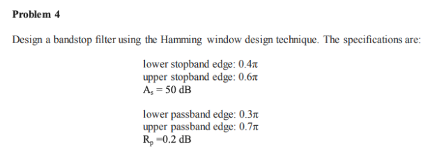 Solved Problem 4 Design a bandstop filter using the Hamming | Chegg.com