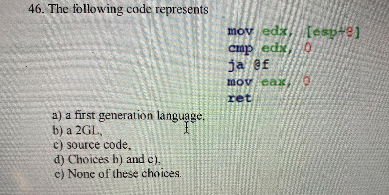 Solved The following code representsmov edx, [esp+8]cmp edx, | Chegg.com