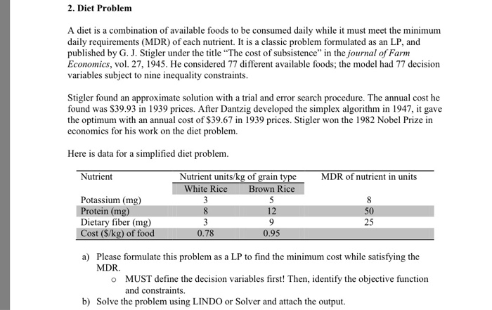 Solved 2. Diet Problem A diet is a combination of available | Chegg.com