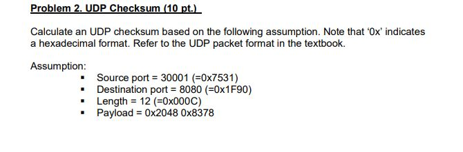 Problem 2. UDP Checksum (10 pt.) Calculate an UDP | Chegg.com