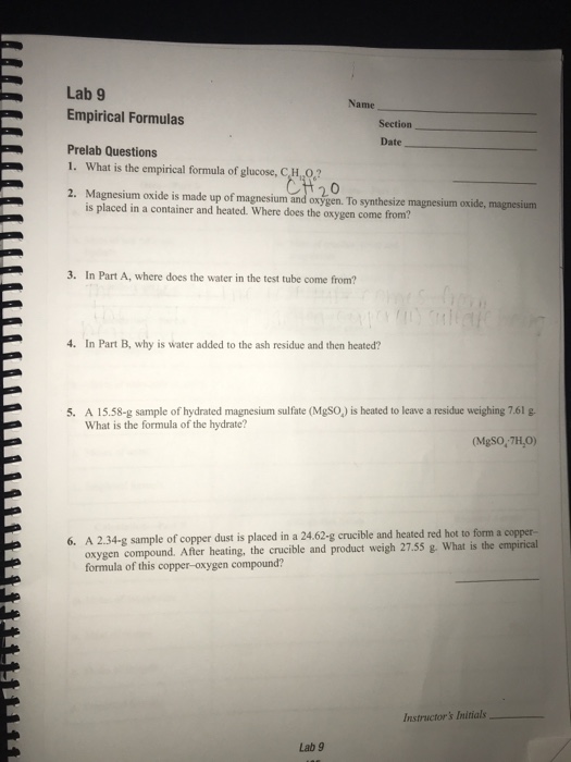 Solved Lab 9 Empirical Formulas Prelab Questions 1. What is | Chegg.com