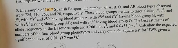 Solved 5. In a sample of 1617 Spanish Basques, the numbers | Chegg.com