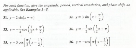Solved For each function, give the amplitude, period, | Chegg.com