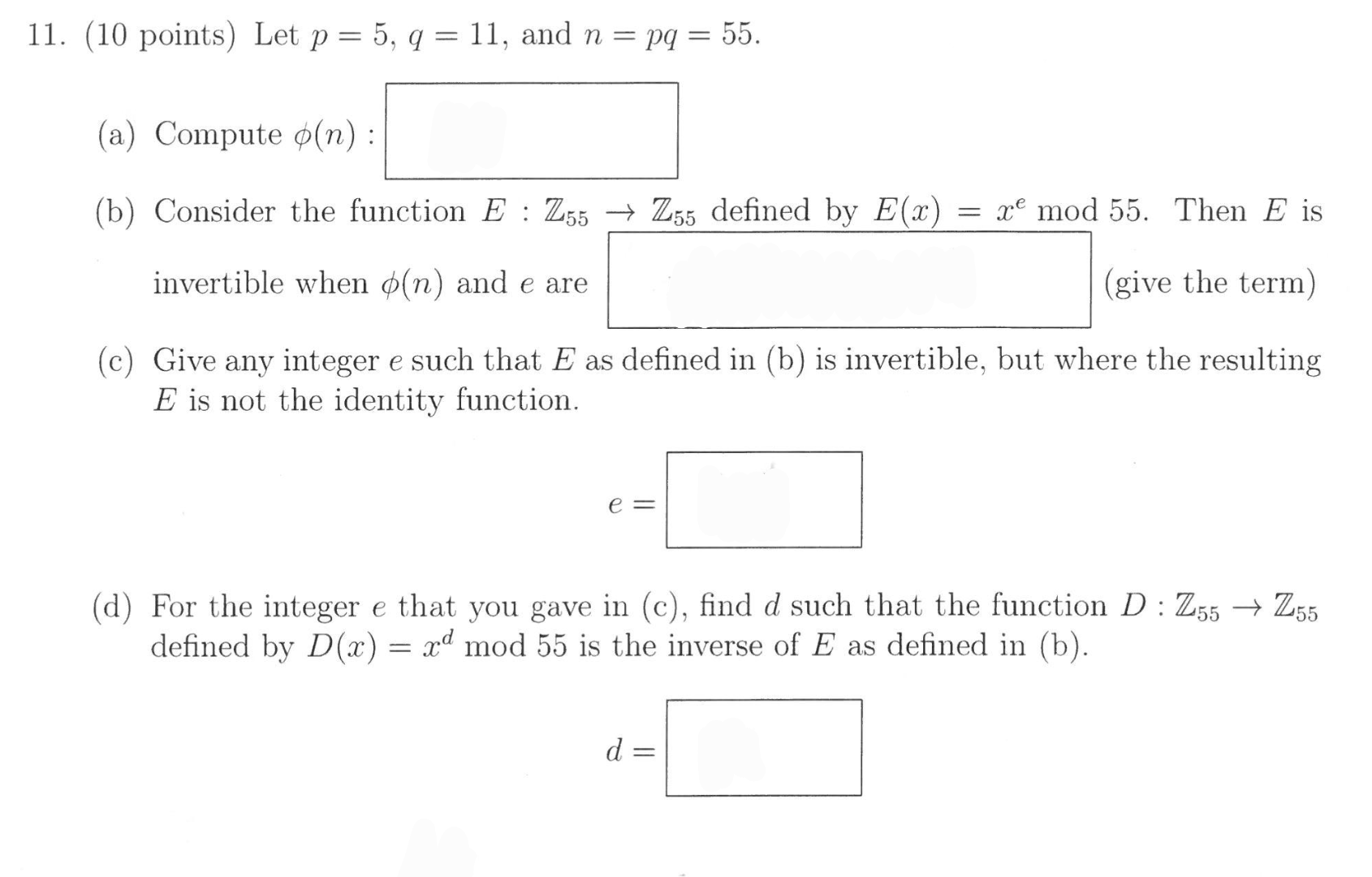 Solved (10 points) Let p=5,q=11, and n=pq=55 (a) Compute | Chegg.com