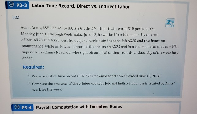 Solved P3-3 Labor Time Record, Direct vs. Indirect Labor LO2 | Chegg.com