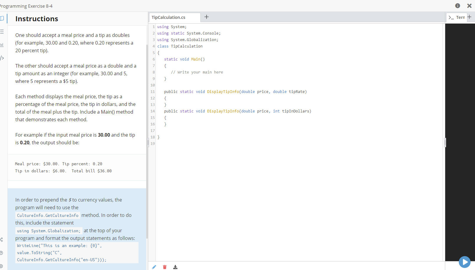 Solved Create a program named TipCalculation that includes | Chegg.com