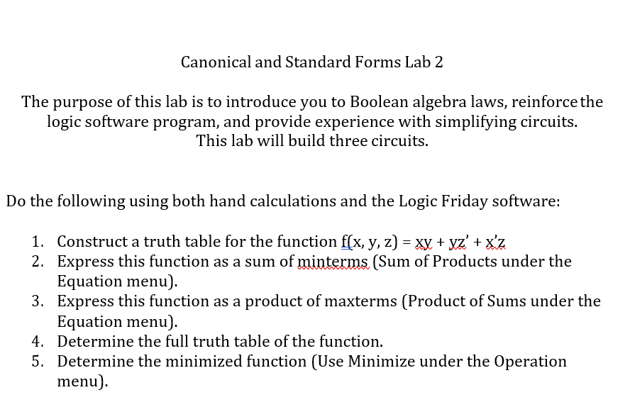 Solved Canonical and Standard Forms Lab 2 The purpose of | Chegg.com