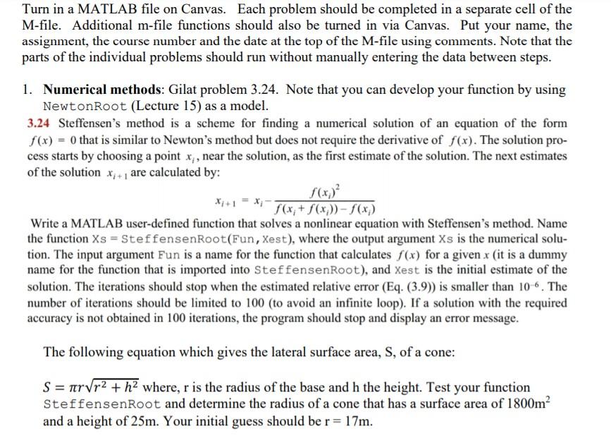 Turn In A Matlab File On Canvas Each Problem Should 1790