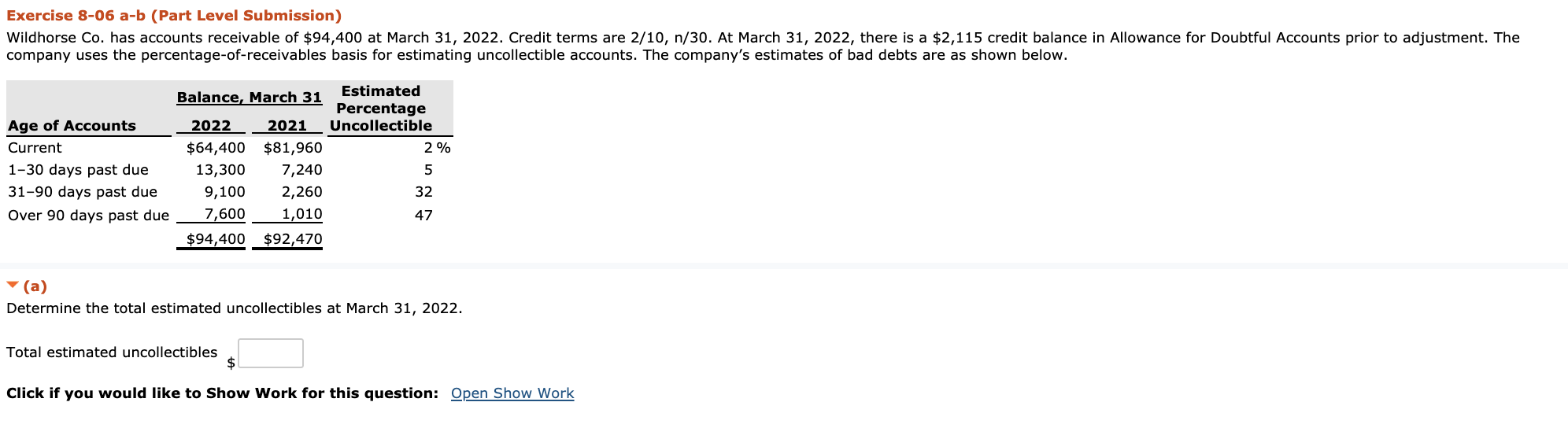 Solved Exercise 8-06 a-b (Part Level Submission) Wildhorse | Chegg.com