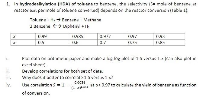 Solved 1. In hydrodealkylation (HDA) of toluene to benzene, | Chegg.com
