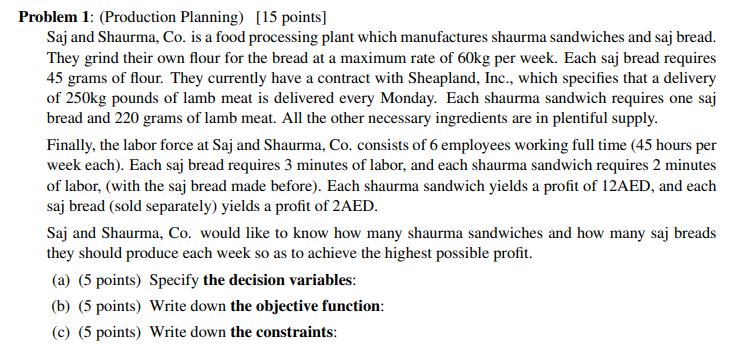 Solved Problem 1: (Production Planning) [15 points] Saj and | Chegg.com