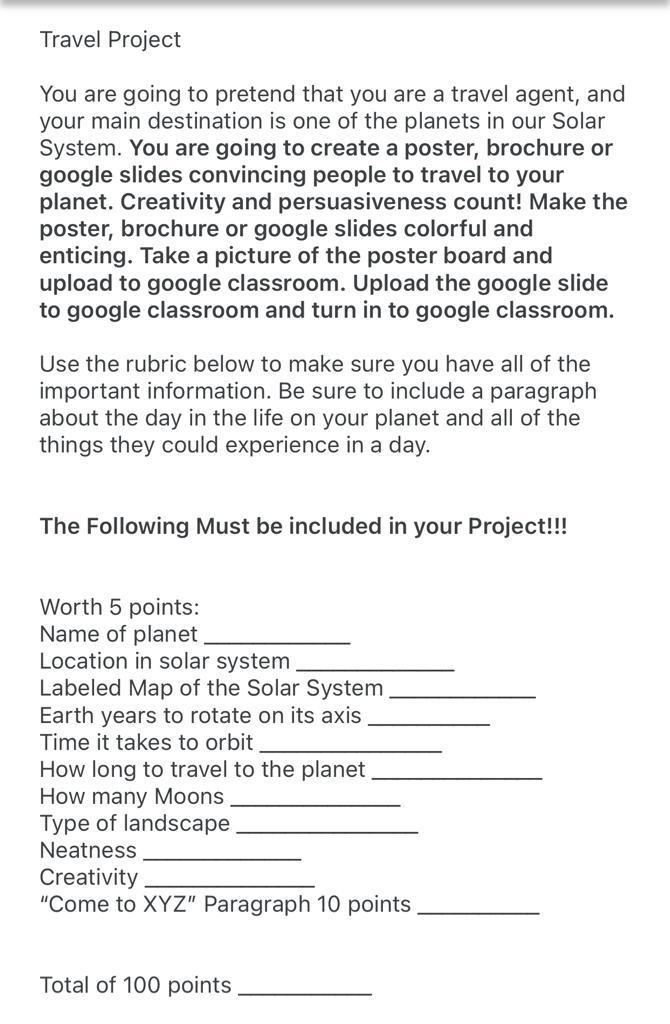 Solar System Model Project Rubric