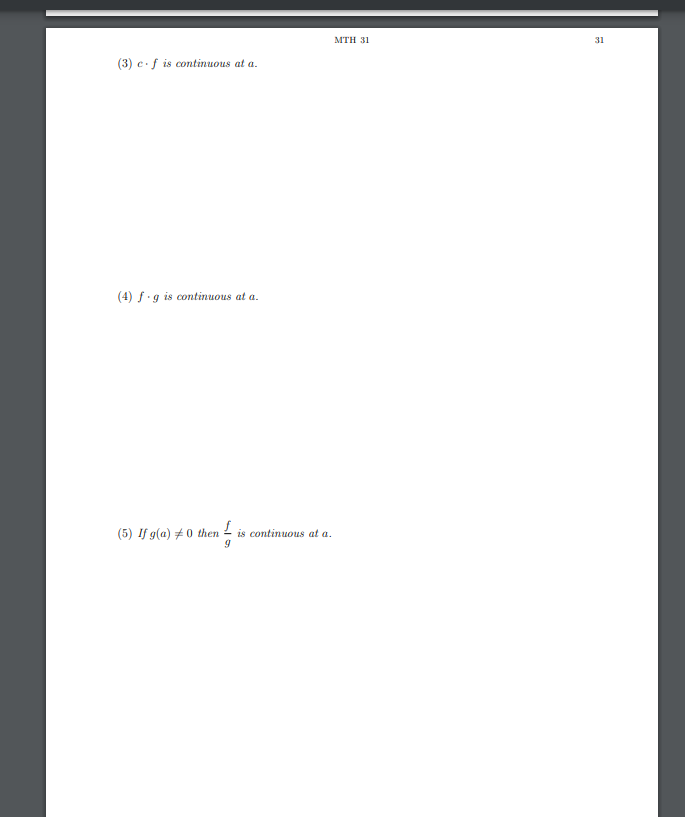 (3) c⋅f is continuous at a. (4) f⋅g is continuous at | Chegg.com