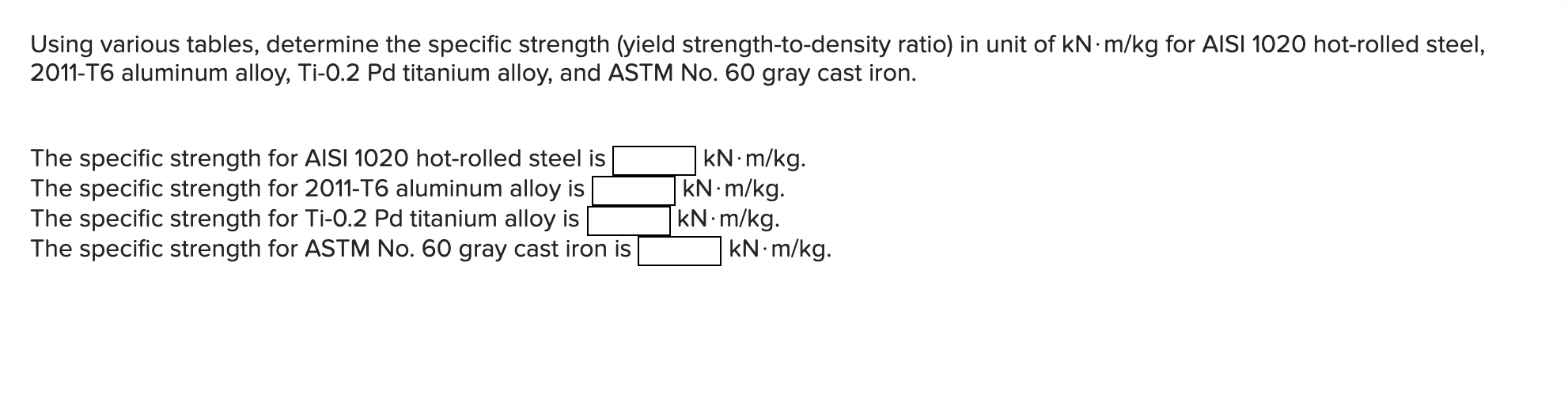 Solved Using various tables, determine the specific strength | Chegg.com