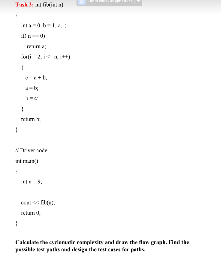 Solved Task 2 Int Fib Int N Int A 0 B 1 C I If N 0