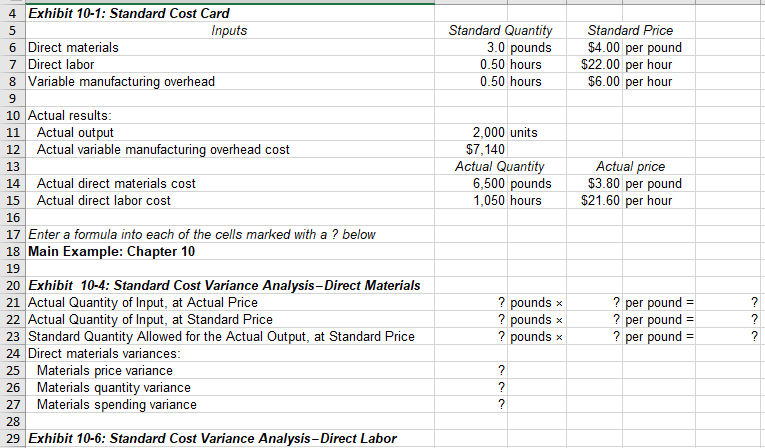 Solved 4 Exhibit 10-1: Standard Cost Card 5 Inputs 6 Direct | Chegg.com