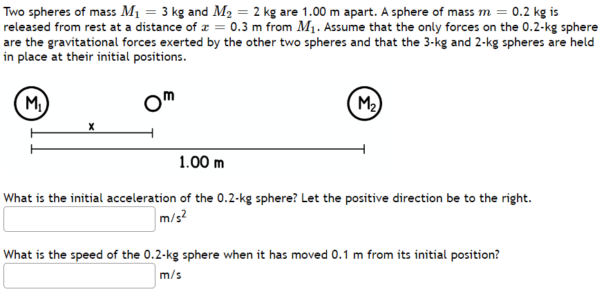 Solved Two spheres of mass M1=3 kg and M2=2 kg are 1.00 m | Chegg.com