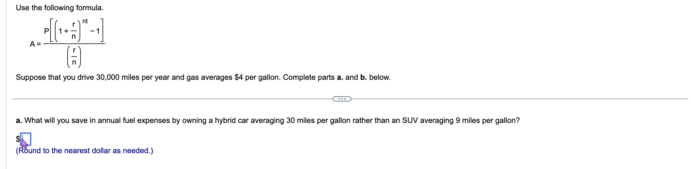 Solved Use the following formula. A=(nr)P[(1+nr)nt−1] | Chegg.com