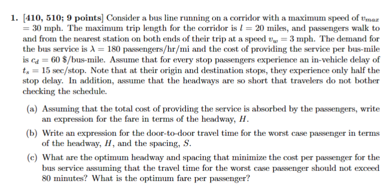 Solved points] ﻿Consider a bus line running on a corridor | Chegg.com