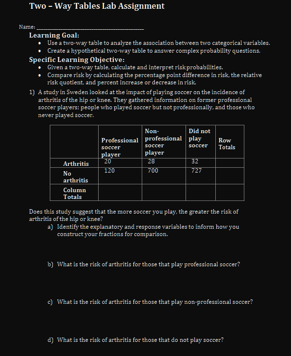 Solved Two - Way Tables Lab Assignment Name: Learning Goal: | Chegg.com