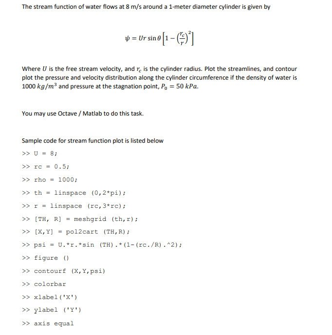 Solved The stream function of water flows at 8 m/s around a | Chegg.com
