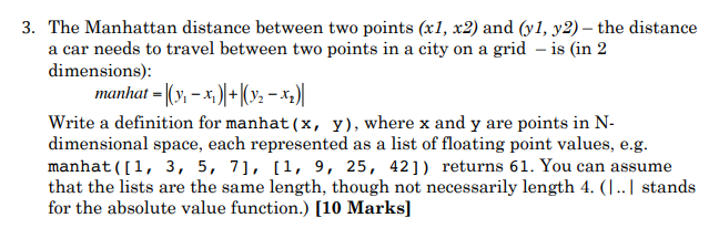 Solved 3. The Manhattan distance between two points (x1, x2) | Chegg.com