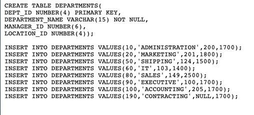 Solved CREATE TABLE DEPARTMENTS DEPT_ID NUMBER (4) PRIMARY | Chegg.com