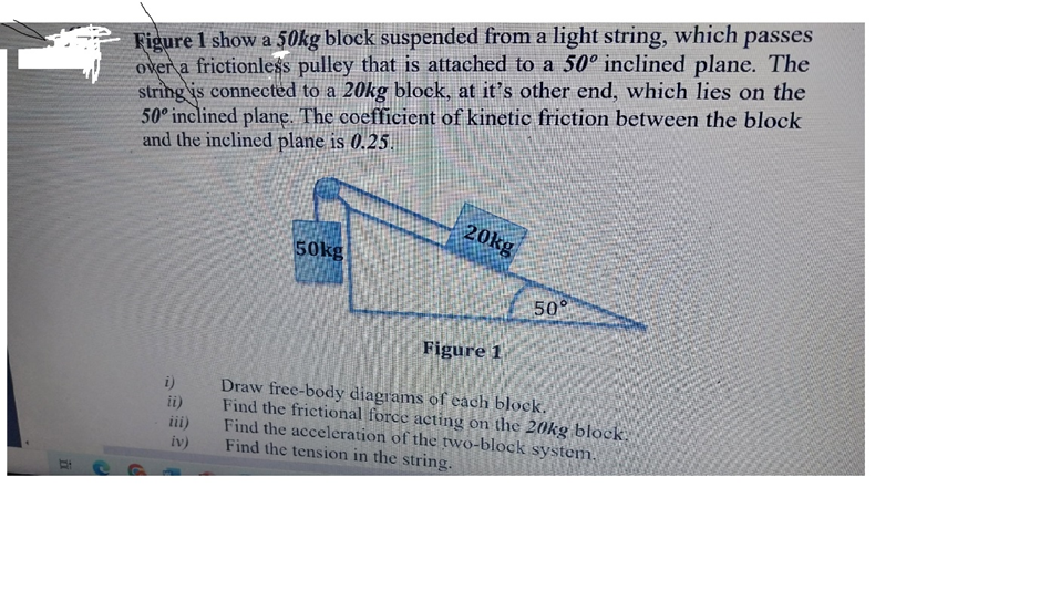 Solved Figure 1 show a 50 kg block suspended from a light | Chegg.com