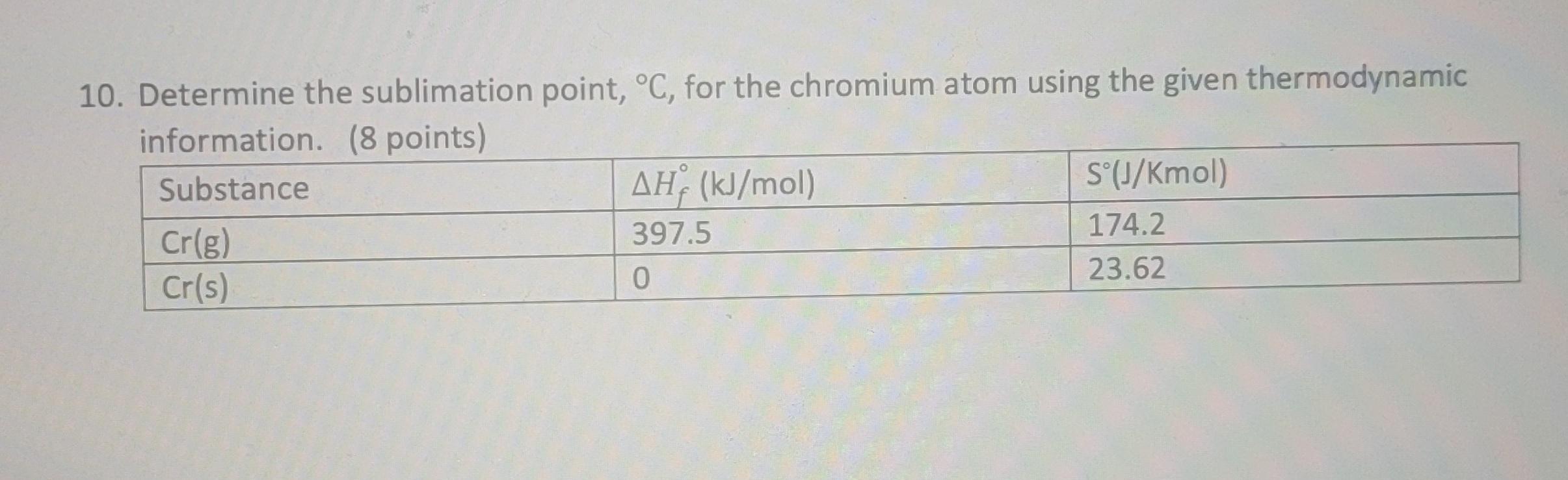 Solved 10. Determine the sublimation point, °C, for the | Chegg.com