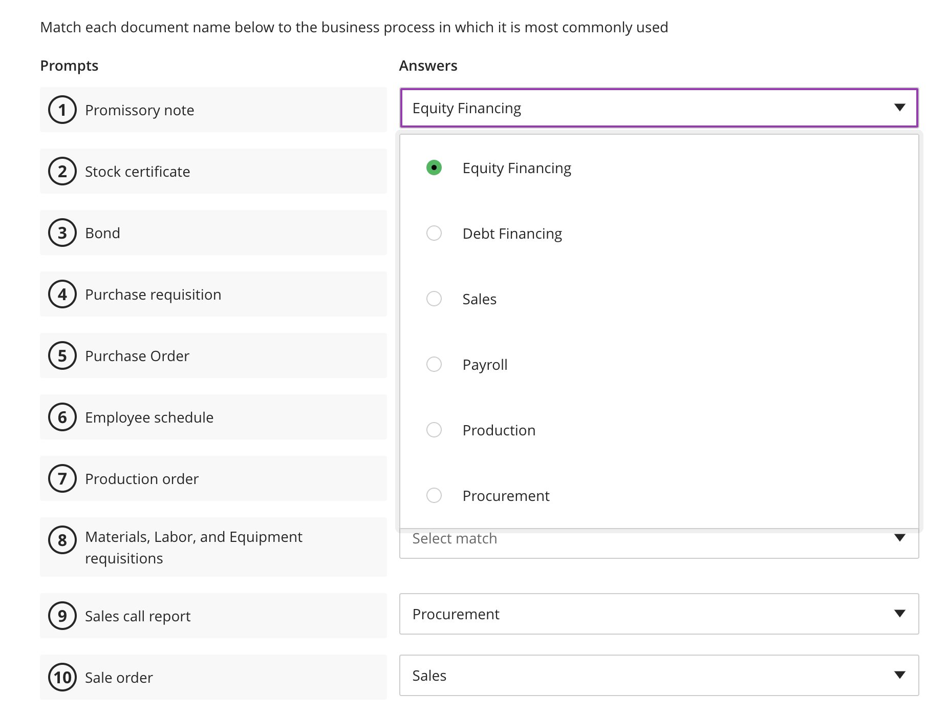 Solved Match each document name below to the business | Chegg.com
