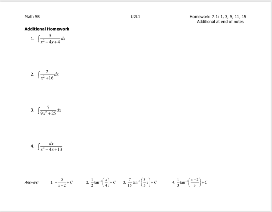 Solved Math 5B U21 Homework: 7.1: 1, 3, 5, 11, 15 Additional | Chegg.com