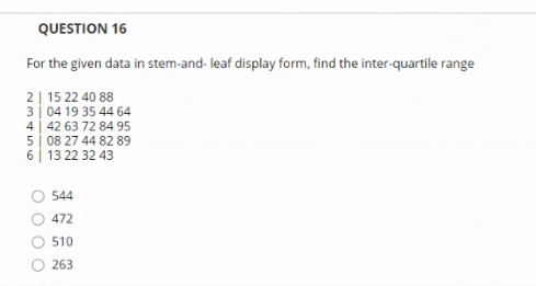 Solved QUESTION 16 For the given data in stem-and-leaf | Chegg.com