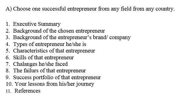 Solved A) Choose one successful entrepreneur from any field | Chegg.com