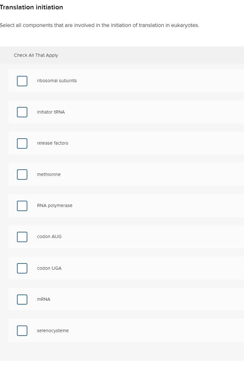 Solved Translation initiation Select all components that are | Chegg.com