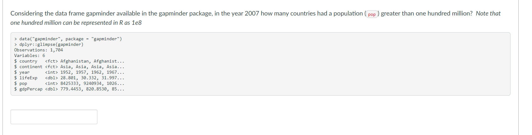 Solved Considering the data frame gapminder available in the | Chegg.com