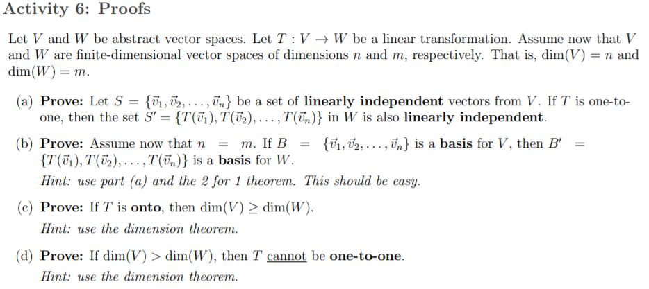 Solved Activity 6: Proofs Let V and W be abstract vector | Chegg.com