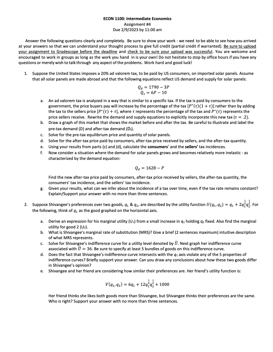 ECON 1100: Intermediate Economics Assignment \#4 Due | Chegg.com