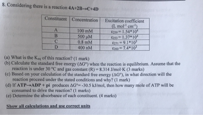 Solved 8. Considering there is a reaction 4A+2B C+4D | Chegg.com