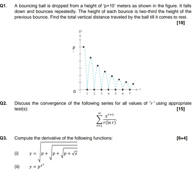 Solved Q1. A bouncing ball is dropped from a height of ‘p+10 | Chegg.com