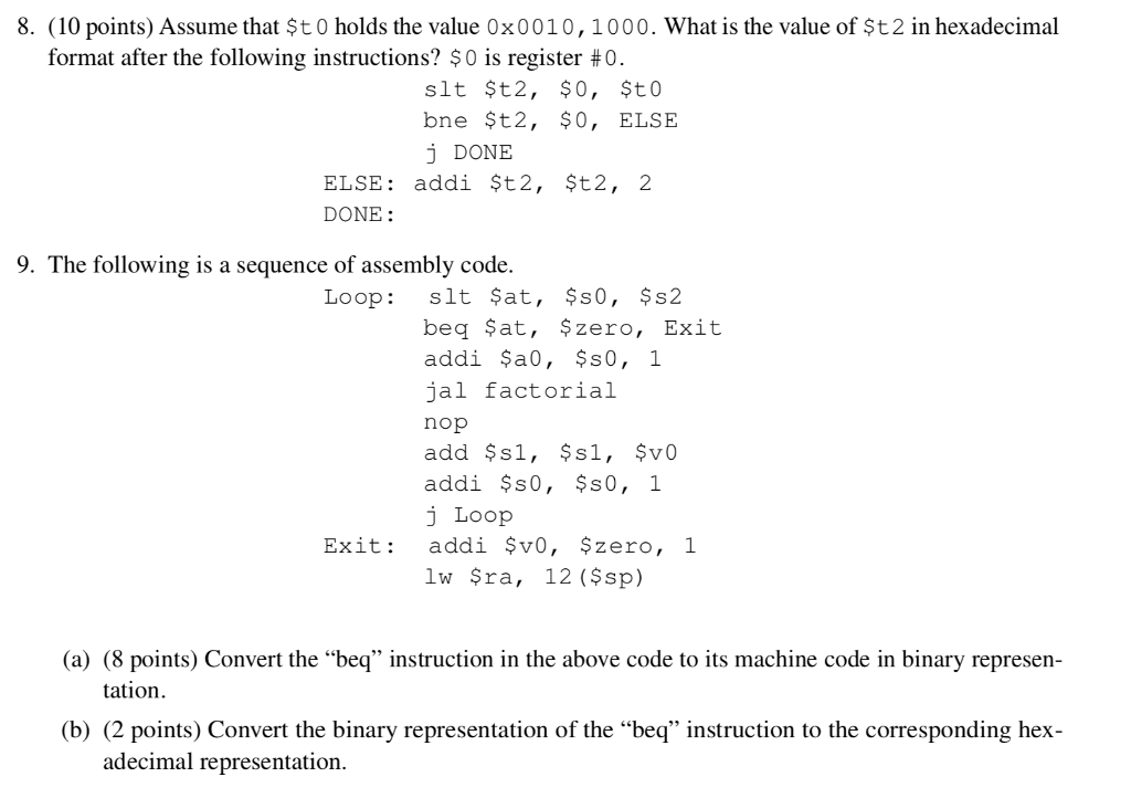 Solved 8. (10 points) Assume that $t0 holds the value | Chegg.com