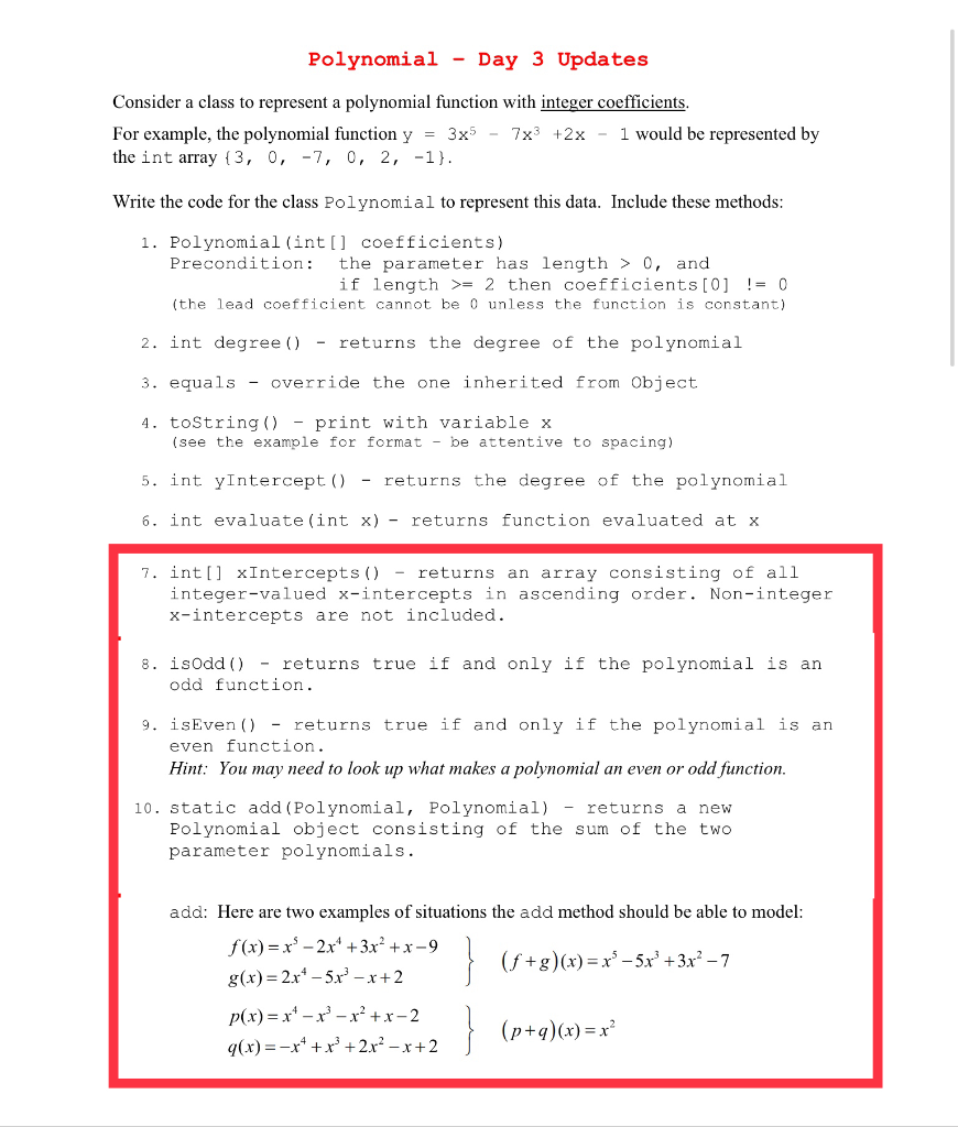 Solved Polynomial - Day 3 Updates Consider a class to | Chegg.com