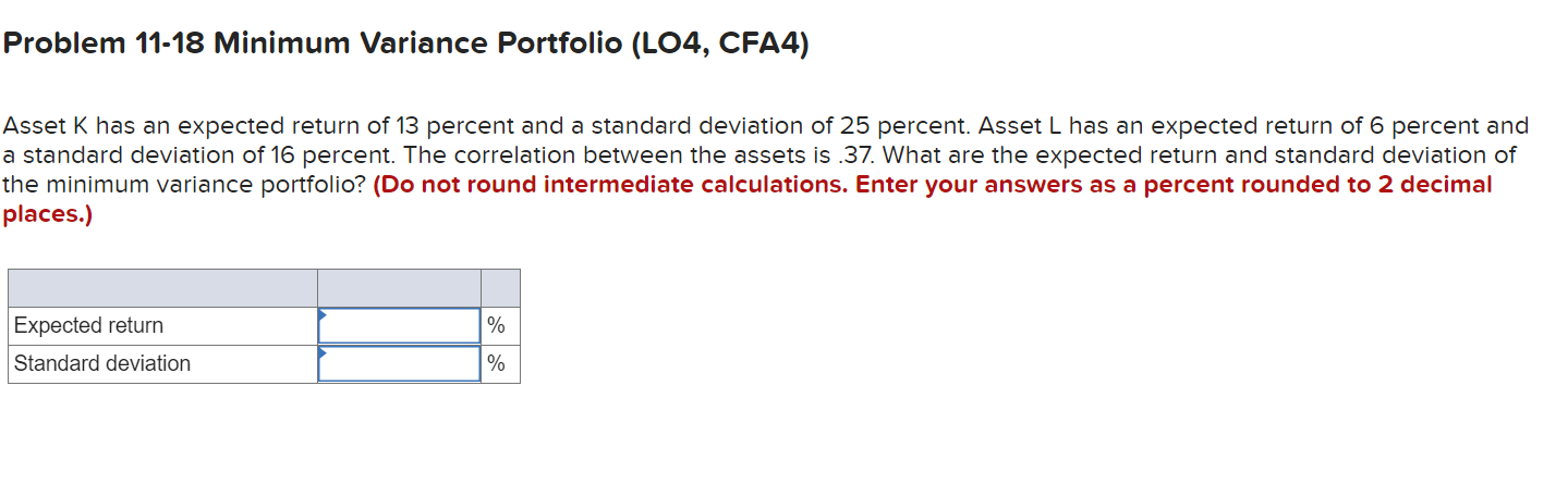 Solved Problem 11-18 Minimum Variance Portfolio (LO4, CFA4) | Chegg.com